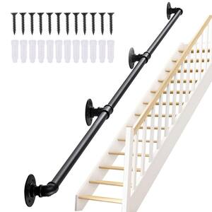 SEEUTEK 96 in. H x 2.7 in. x W 8 ft. Black Pipe Stair Handrail for ...