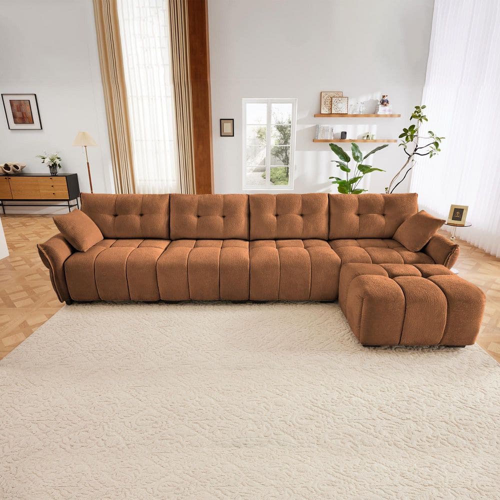 Noble House Tina 141.7 in. Flared Arm Chenille Upholstered Rectangle Sectional Sofa in. Burnt ...