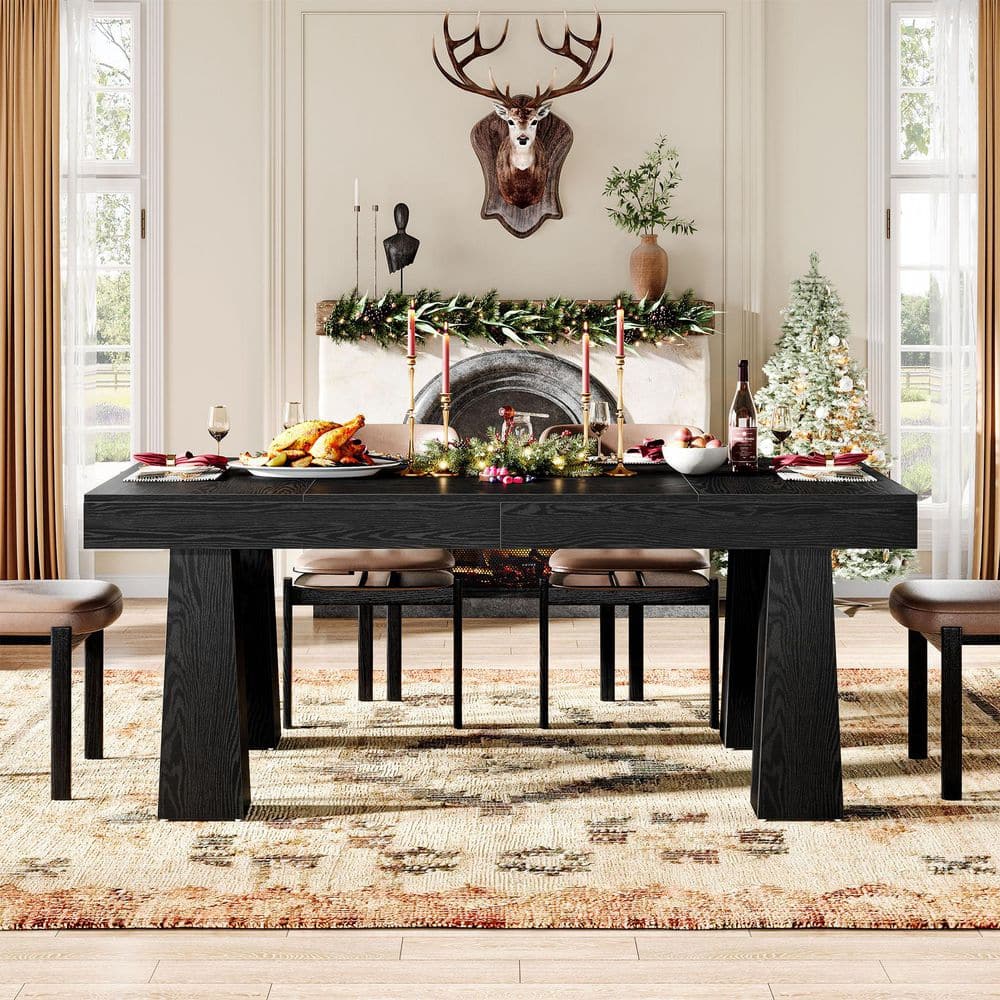BYBLIGHT Roesler Black Wood Dining Table, 63 in. 4-Legs Large Rectangle Dining Table for Kitchen ...
