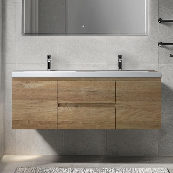 Feelive 60 in. Wall-Mounted Floating Bath Vanity in Natural Oak with ...