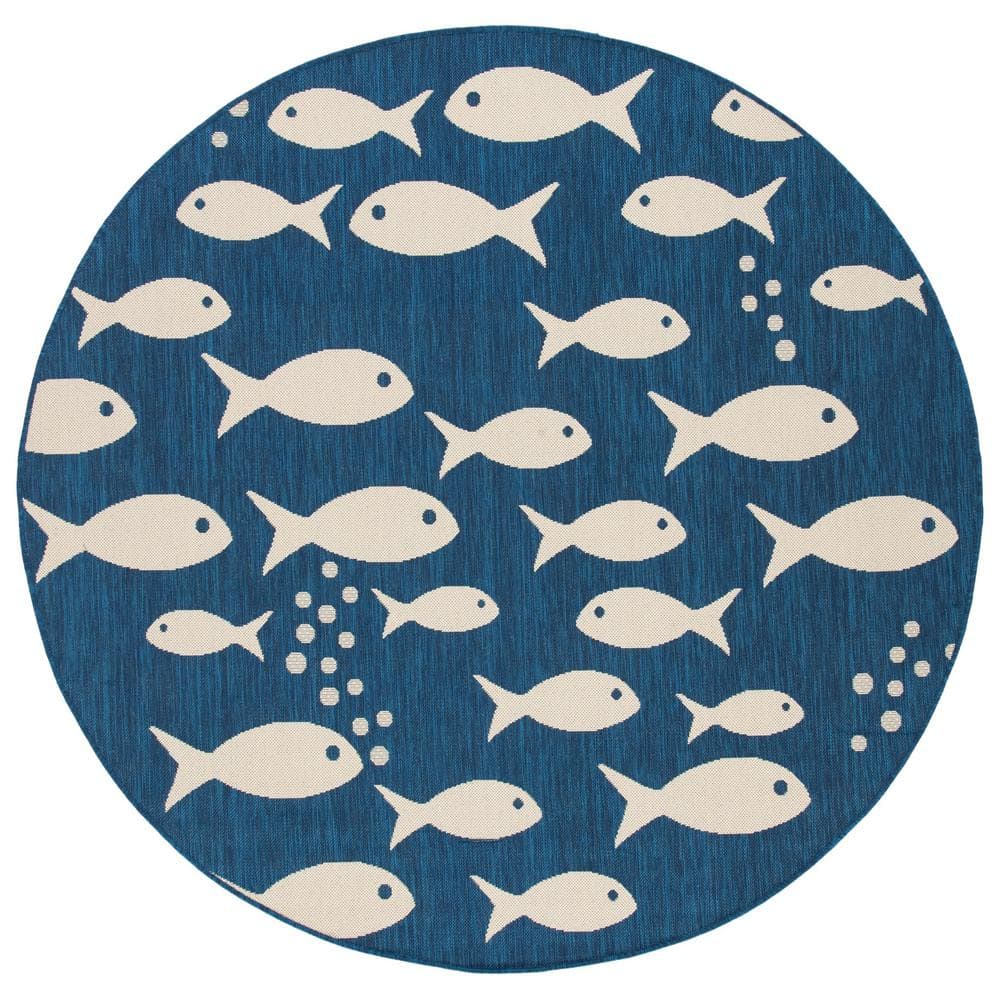 SAFAVIEH Courtyard Navy/Beige 5 ft. x 5 ft. Novelty Fish Indoor/Outdoor ...