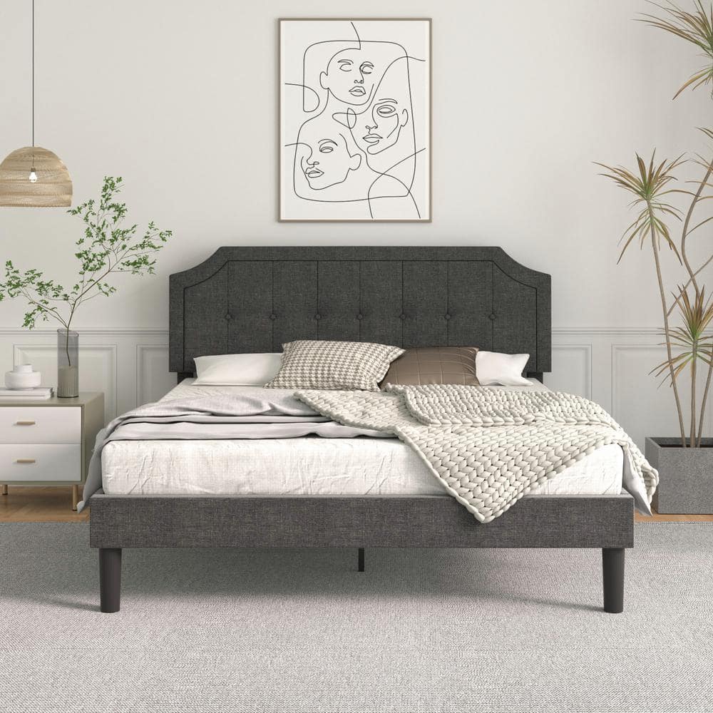 VECELO 53.93 in. W Gray Full Size Bed Frame with Headboard Upholstered ...