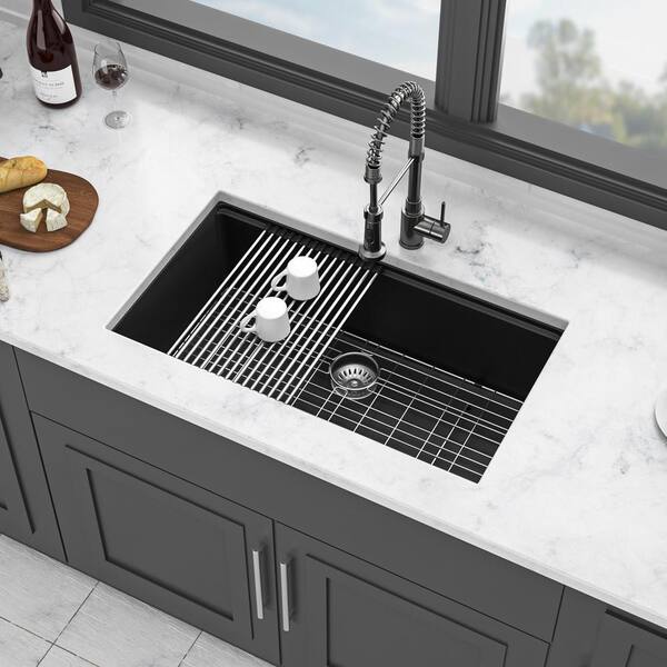 JimsMaison 32 in. Undermount Single Bowl Black Quartz Kitchen Sink with ...