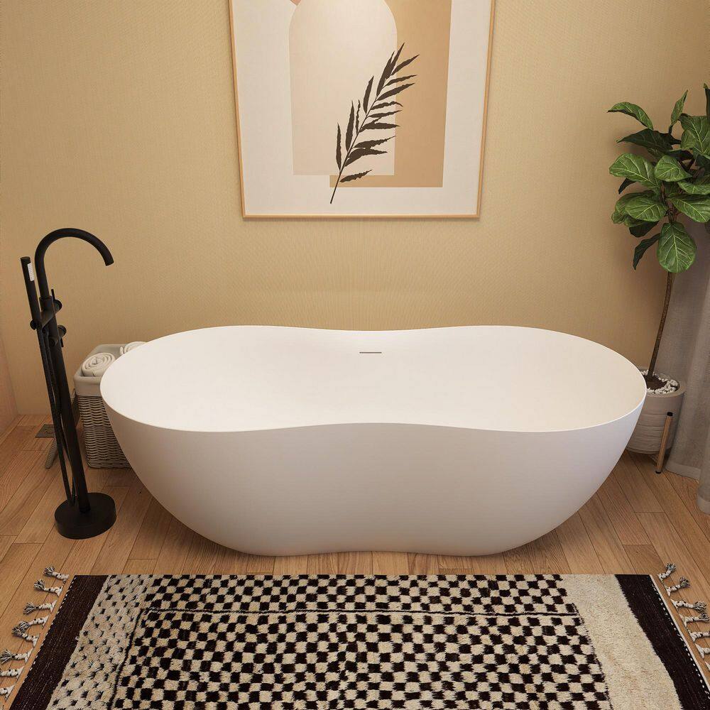 VanityFus 62.99 in. x 25.59 in. Solid Surface Freestanding Bathub with Center Drain in White VF ...