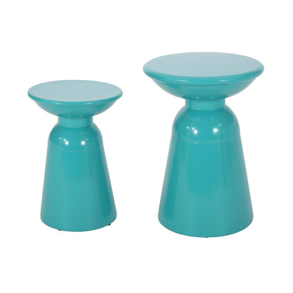 Runesay 2-Piece Teal Blue Round Metal Outdoor Side Table with Flared ...