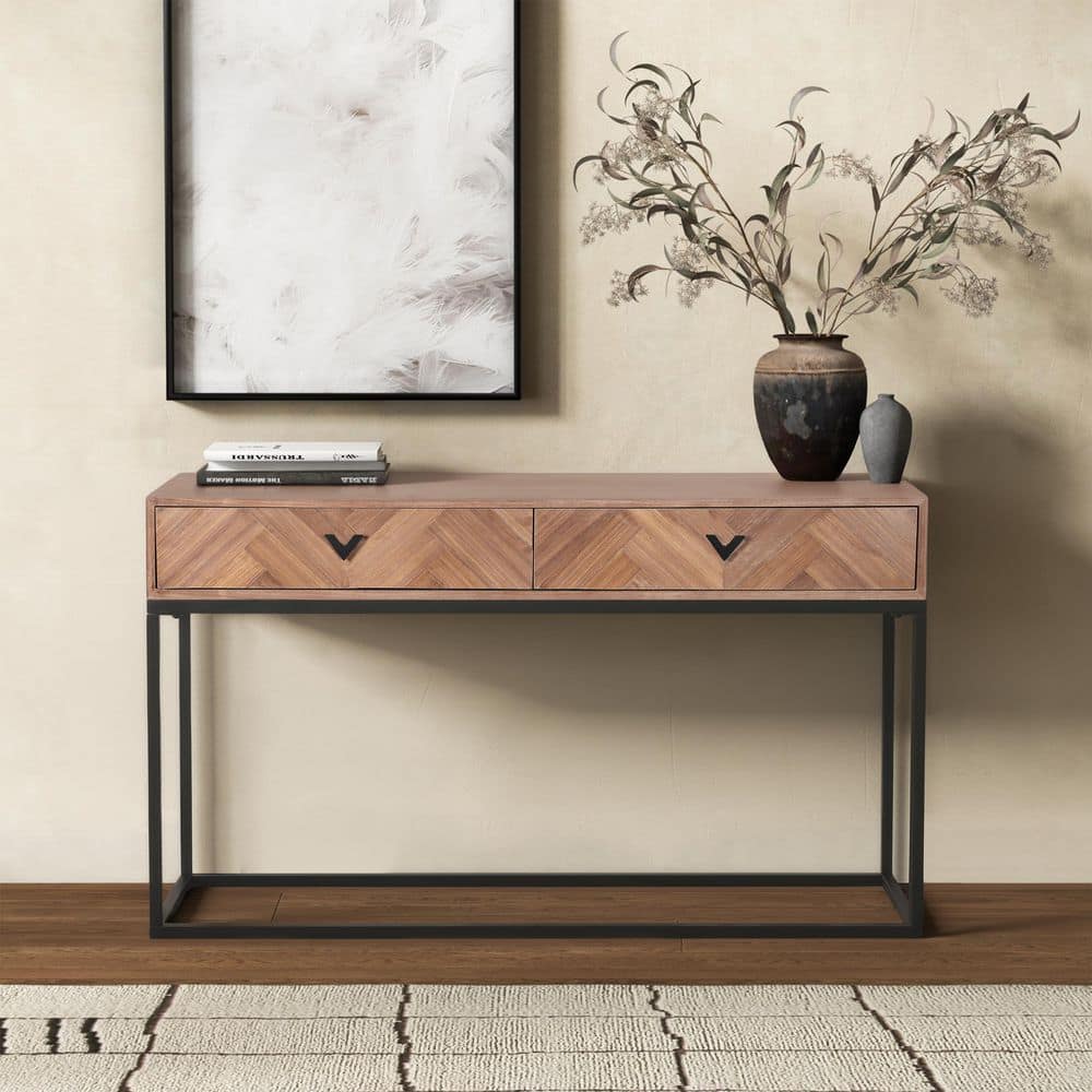 SAFAVIEH Sherriandra 14.6 in. Walnut/Black Rectangle Wood Console Table ...