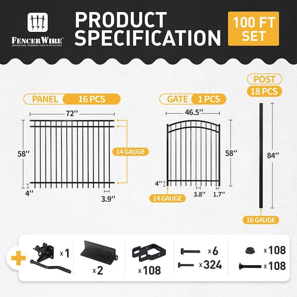 Fencer Wire 5 ft. x 6 ft. Heavy-Duty Spaced Bar Flat Top Metal Fence ...
