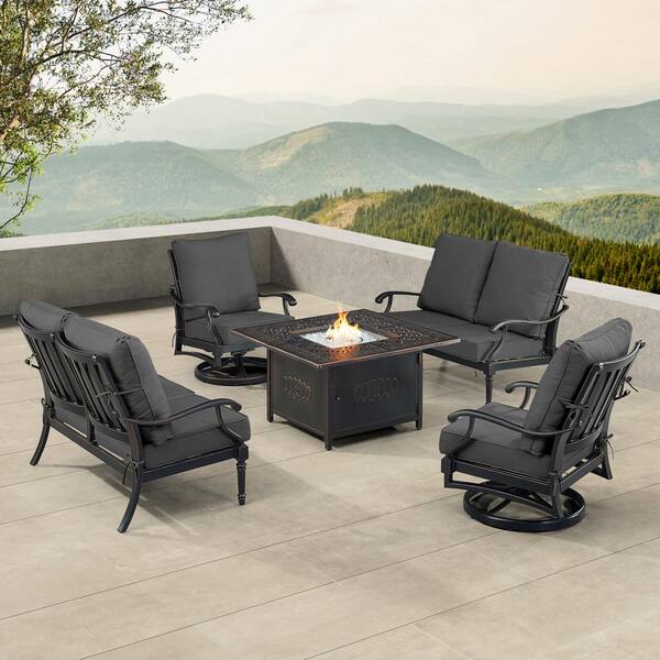 Oakland Living Black 5-Piece Aluminum Patio Fire Pit Set with Black ...
