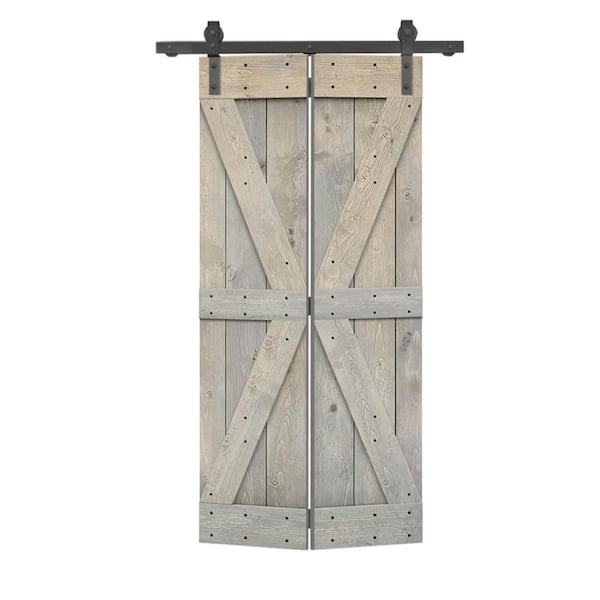 CALHOME 24 in. x 84 in. K Series Solid Core Smoke Gray Stained DIY Wood Bi-Fold Barn Door with ...