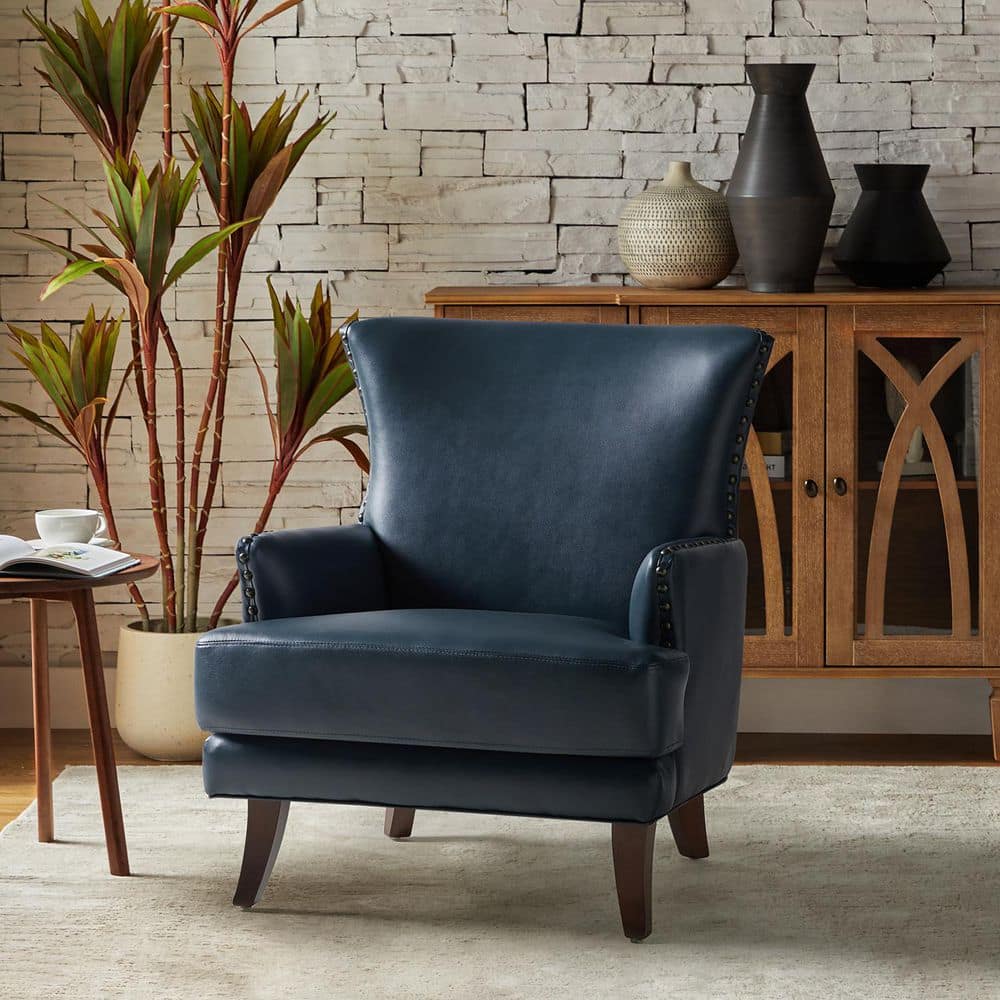 JAYDEN CREATION Bonnot Transitional Navy Faux Leather Wingback Armchair ...