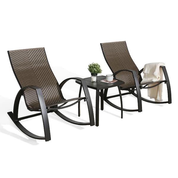 ULAX FURNITURE Steel Wicker Outdoor Rocking Chair Set with Side Table ...