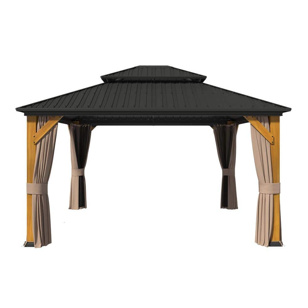 Clihome 12 ft. x 14 ft. Cedar Wood Frame Hardtop Gazebo with Curtains ...