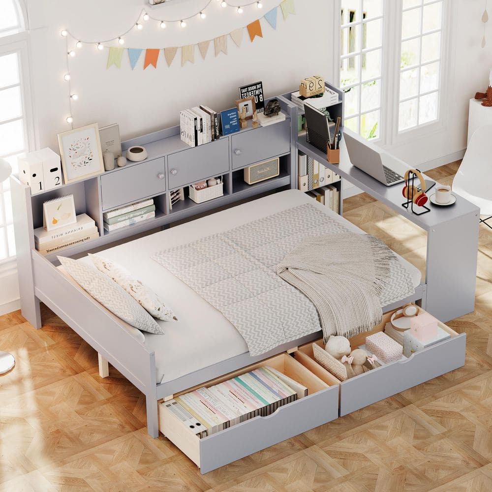 Harper & Bright Designs Gray Full Size Wood Daybed with Built-in Desk ...