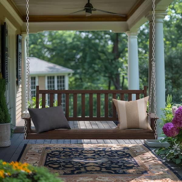 VEIKOUS 5 ft. Wood Patio Porch Swing Outdoor With Chains and Curved ...