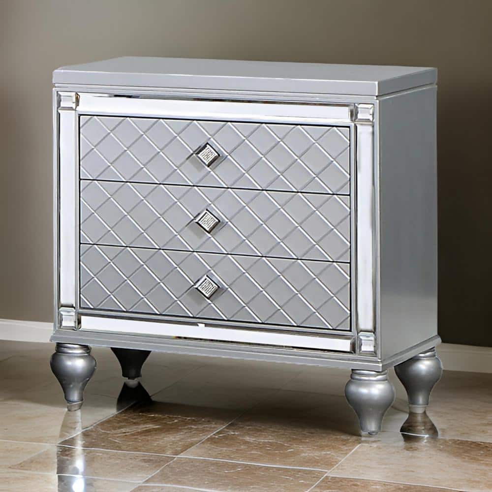 Benjara 26 in. Silver and Chrome 3-Drawers Wooden Nightstand BM310936 ...