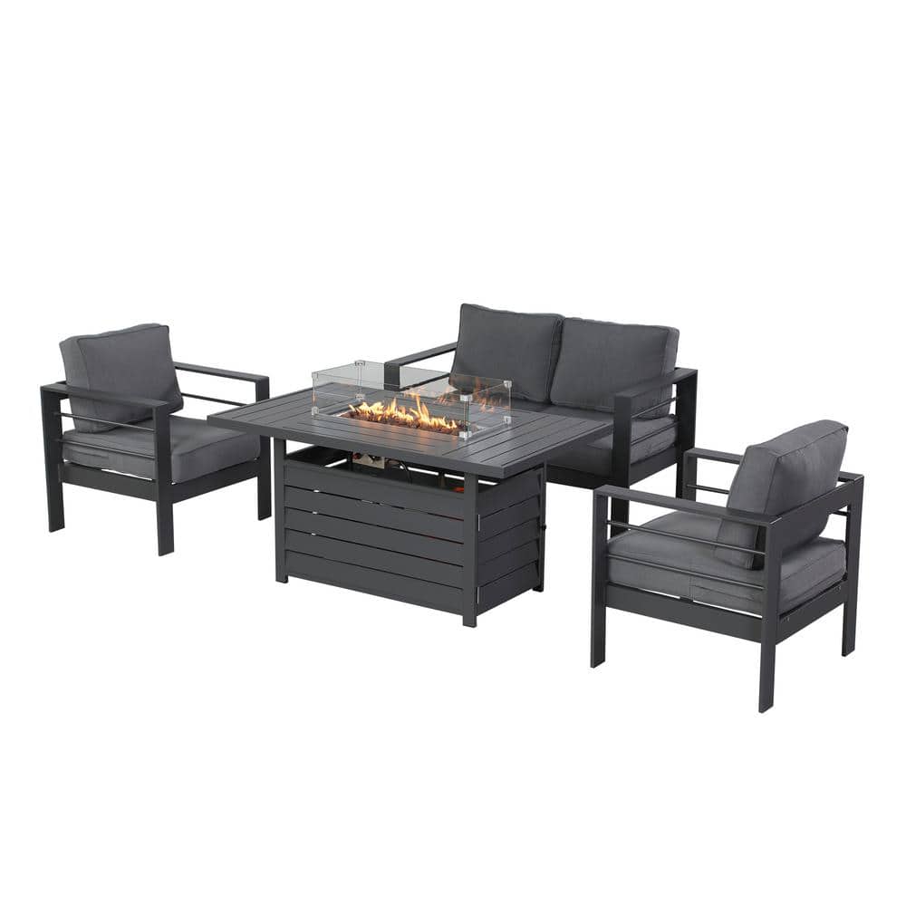 SUNVIVI 4-Piece Patio Furniture Set with Propane Firepit Table, Gray ...