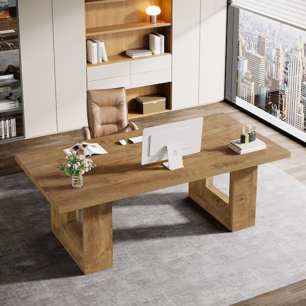 BYBLIGHT Capen 63 in. Rectangle Rustic Brown Engineered Wood Computer ...