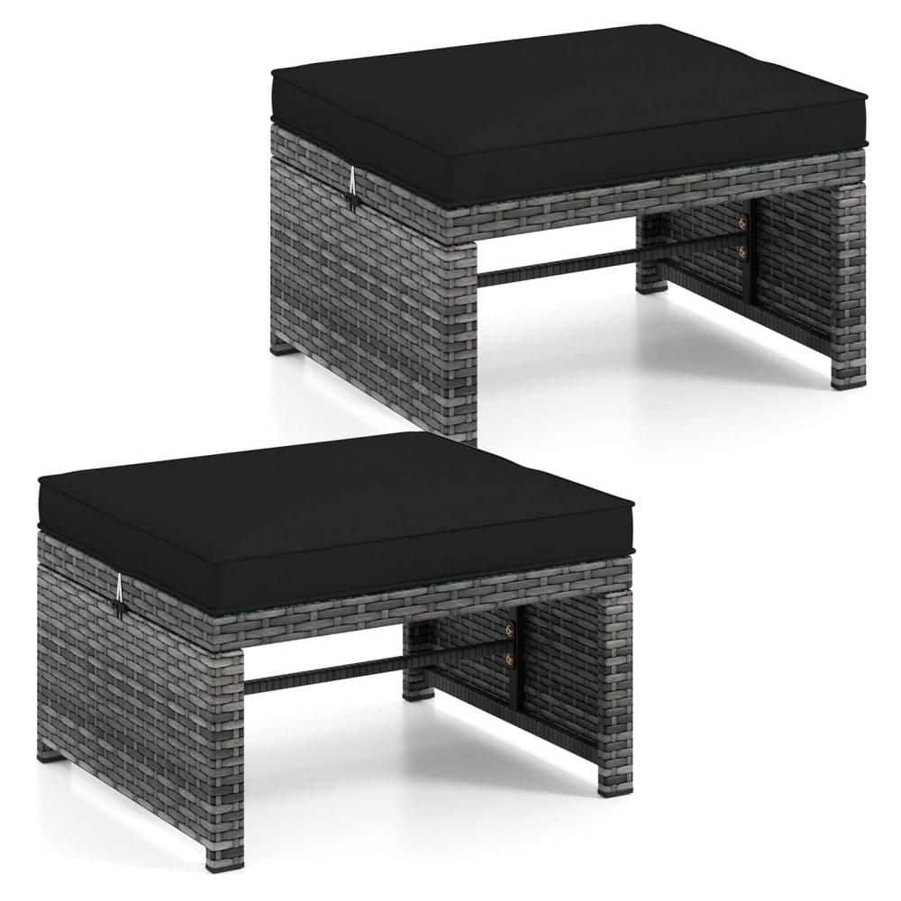Costway Wicker Outdoor Ottoman Footstools with Removable Black Cushions ...