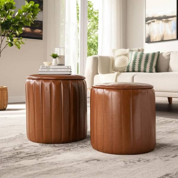 Liv & Skye Brown Pine Wood Channeled Faux Leather Round 18 in. Ottoman ...