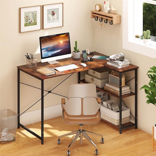 Costway 47 in. L-Shaped Brown Metal Frame Computer Desk with Power ...