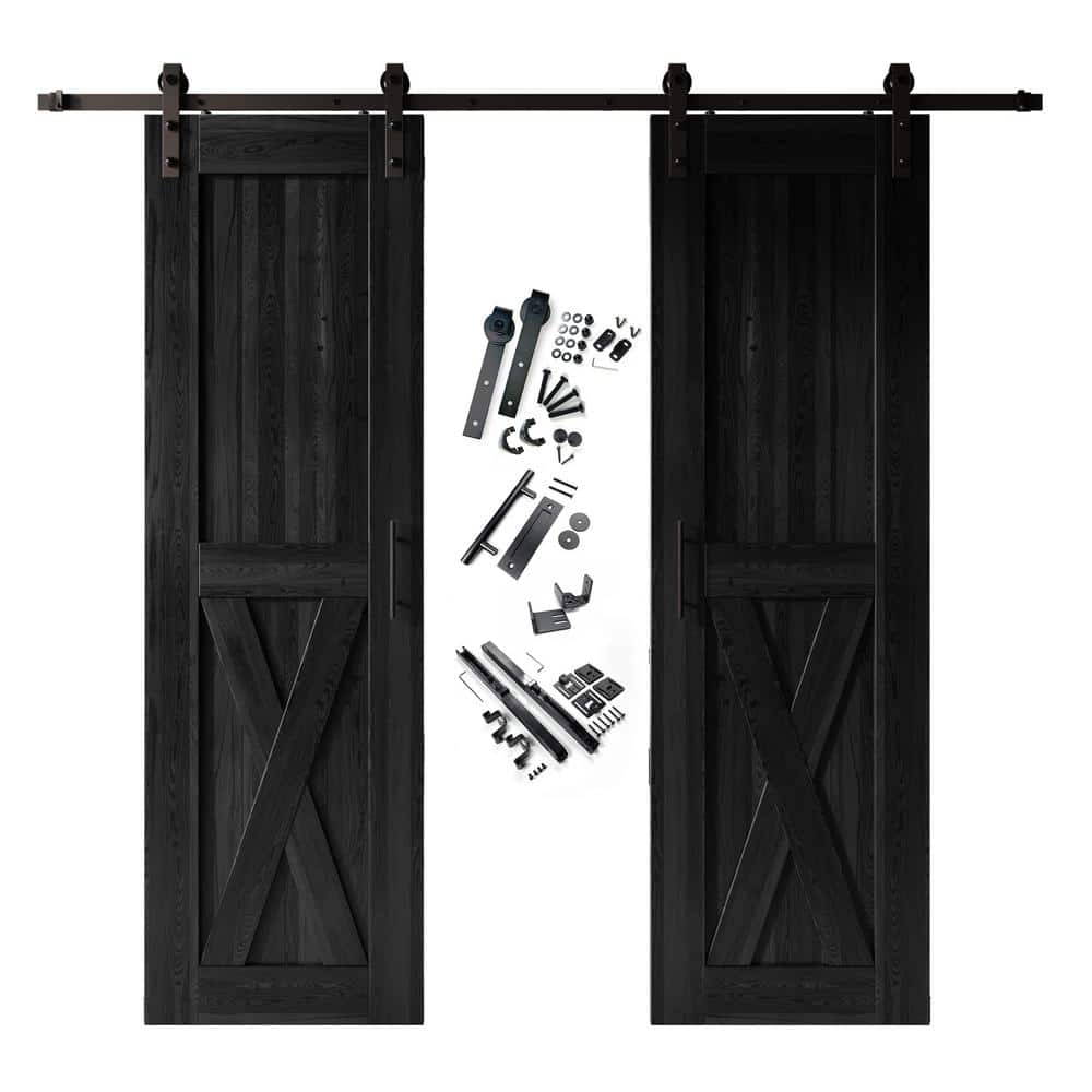 HOMACER 24 in. x 84 in. X-Frame Black Double Pine Wood Interior Sliding ...