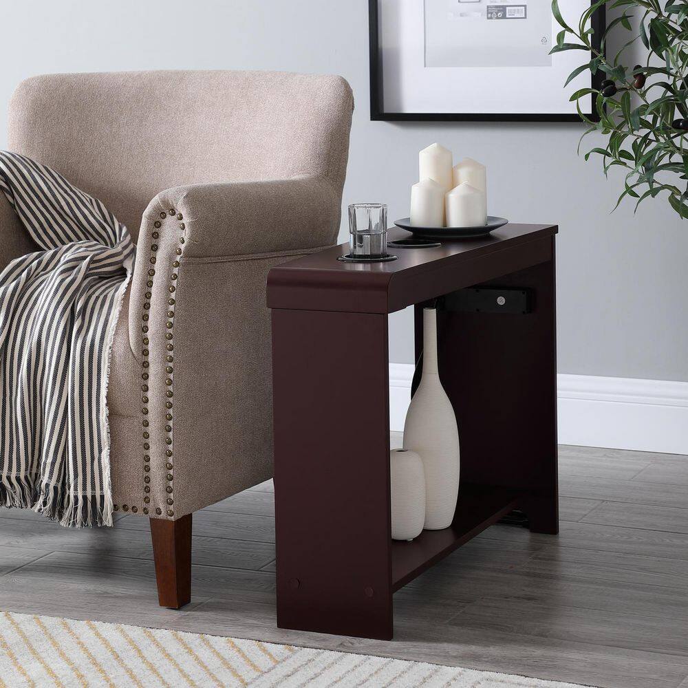 HOMESTOCK 11 in. Cherry Rectangle Wood End Table with USB Ports and ...