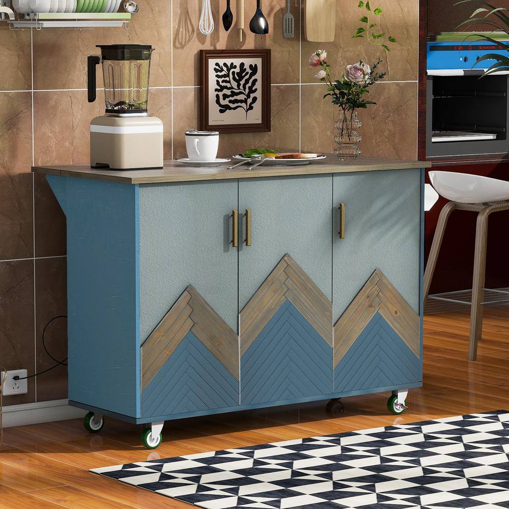 Zeus & Ruta Navy Blue Wood 51.6 in. W Farmhouse Kitchen Island with ...