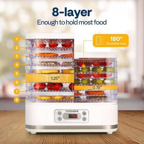 Electric 8 Tray White Food Dehydrator with Digital Timer and Temperature Control