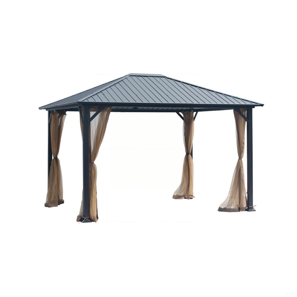 Clihome 10 ft. x 12 ft. Black Galvanized Steel Hardtop Patio Gazebo ...