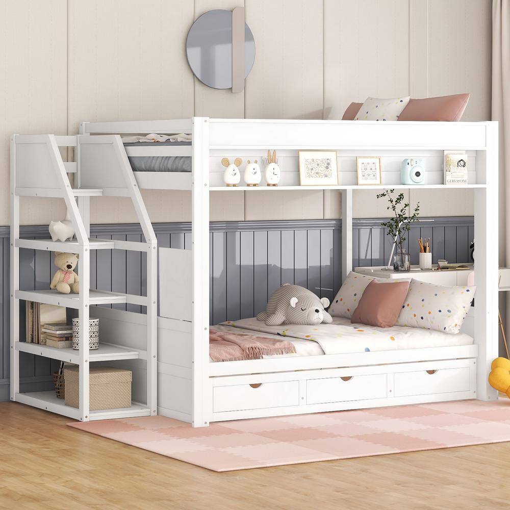 Qualler White Full Convertible Bunk Bed with Storage Staircase and 3 ...