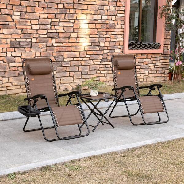 Brown Zero Gravity Chair Set with Side Table Folding Reclining Chair with Cupholders and Pillows for Pool Backyard Lawn er 173 The Home Depot
