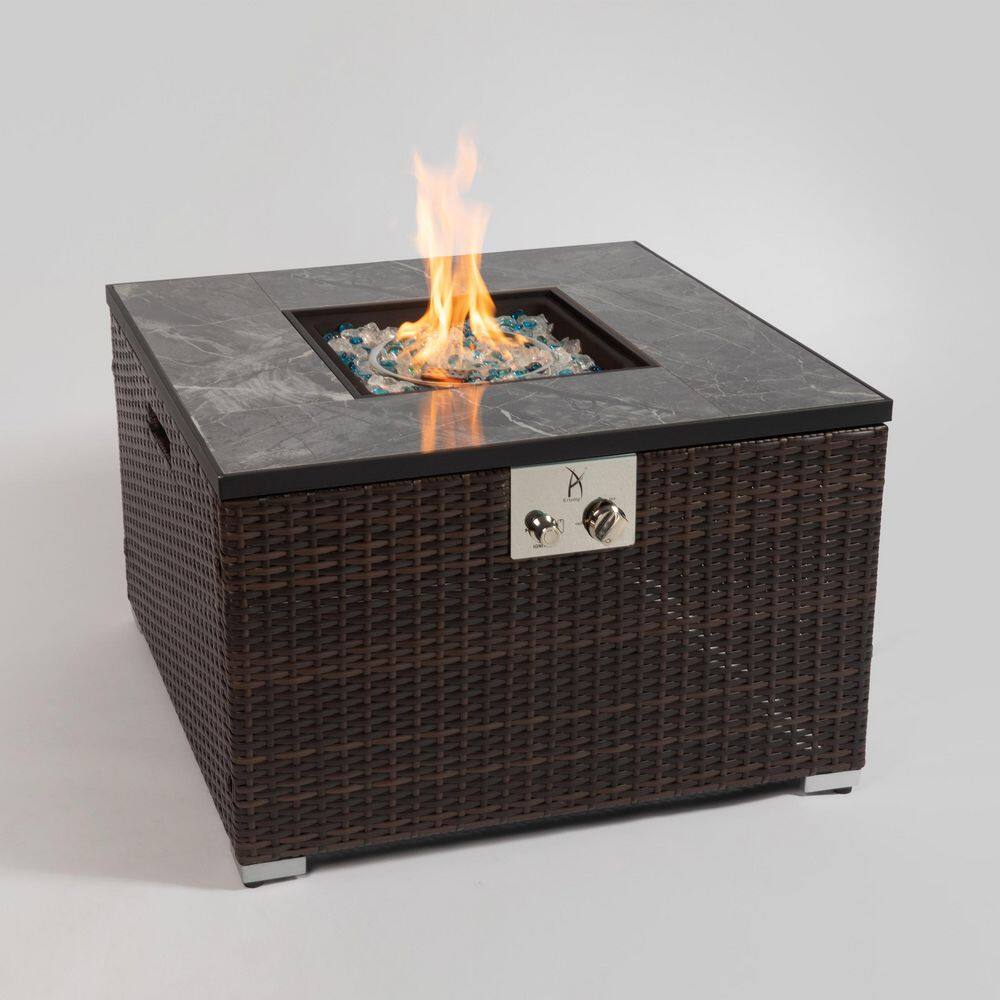 Tunearary 50000BTU Outdoor Rattan 32in Square Fire Pit Table, Ceramic ...