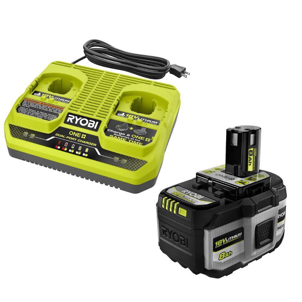 RYOBI ONE+ 18V Dual-Port Simultaneous Charger with ONE+ 18V 8.0 Ah ...