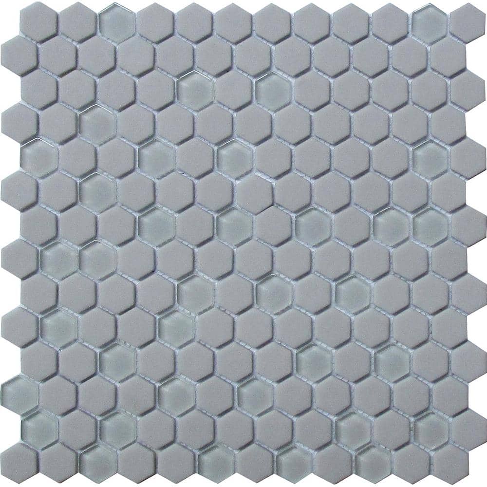Apollo Tile Gray 4 in. x 5 in. Hexagon Polished Recycled Glass Mosaic ...