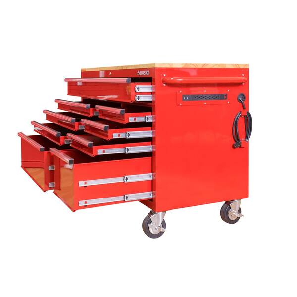 Husky 52 in. W x 25 in. D 9 Drawer Gloss Red Mobile Workbench Tool Chest with Mechanics Tool Set in Foam 320 Piece H320EVA52WBRDCB The Home Depot