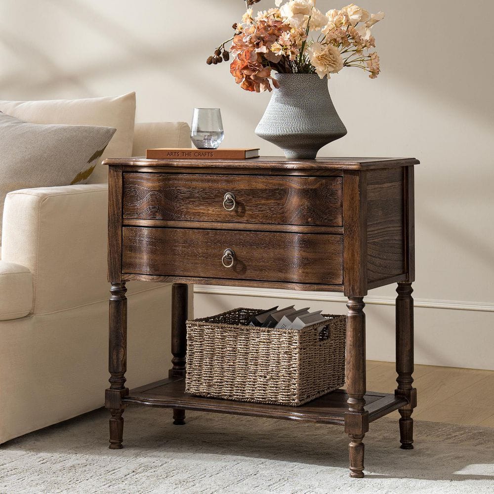 JAYDEN CREATION Homer 30 in. Walnut Rectangle Wood 2-Drawer End Table ...
