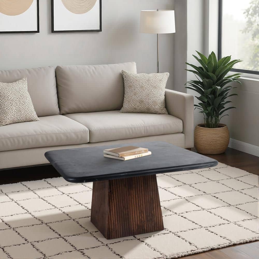 Liv & Skye 32 in. Brown Square Marble Top Coffee Table with Ribbed Base 21488 - The Home Depot