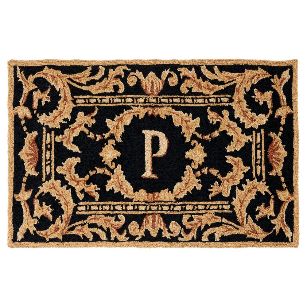 SAFAVIEH Monogram Black 3 ft. x 4 ft. "P" Ornate Leaf Indoor/Outdoor ...