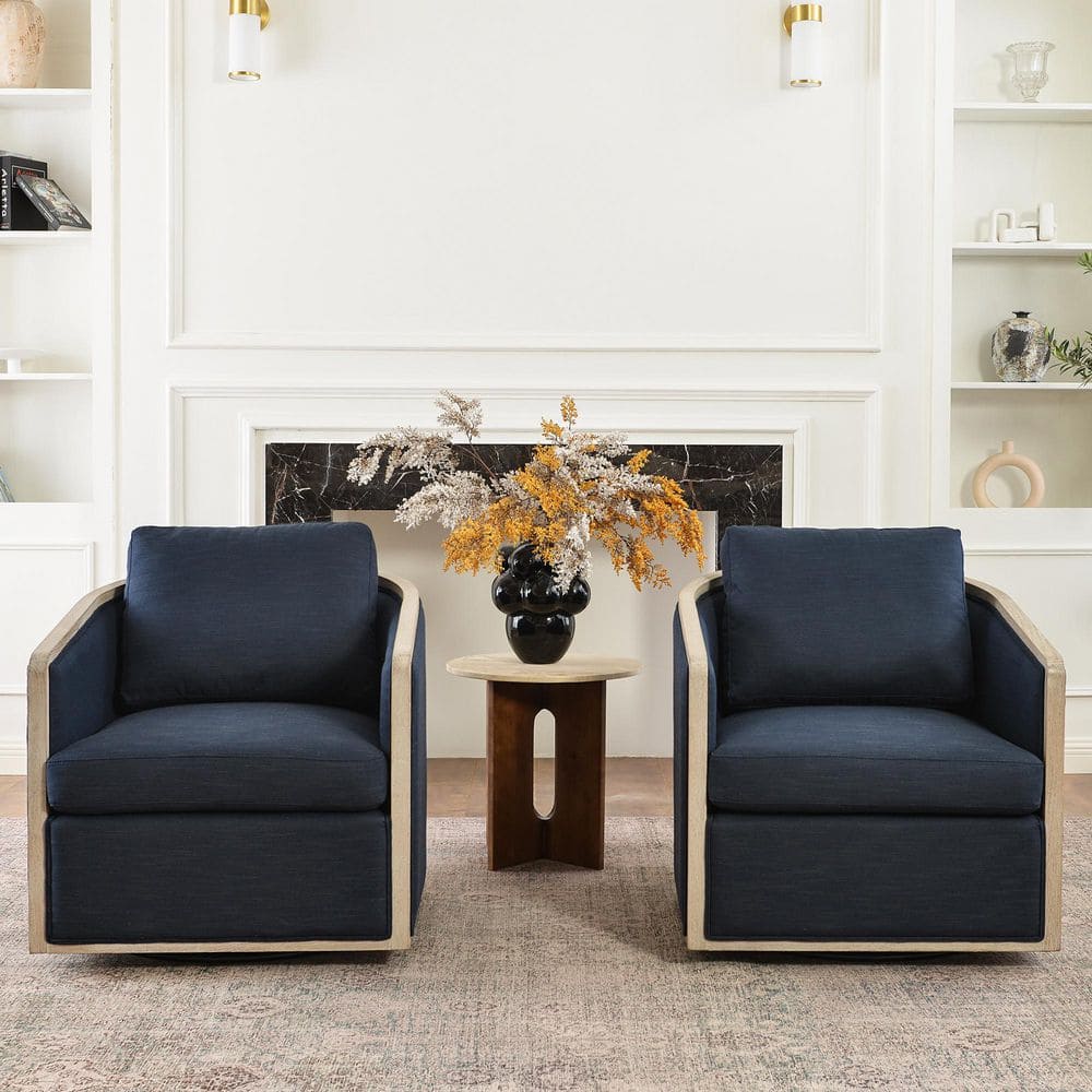 KINWELL Indigo Linen Performance Fabric Upholstered Swivel Chair Set of ...
