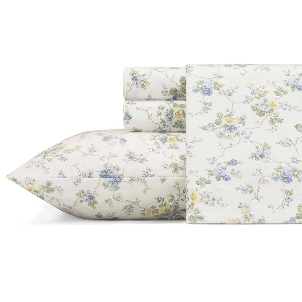 Laura Ashley Le Fleur 4-Piece Light Pastel Blue Floral Flannel King ...