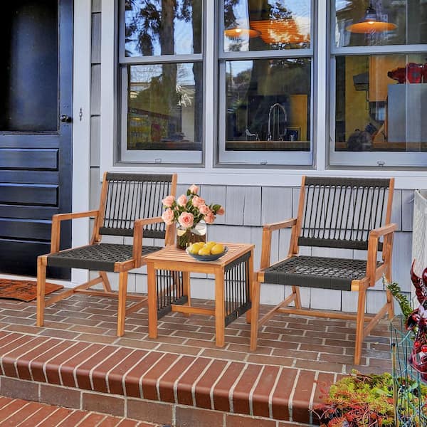 Costway 3 Piece Acacia Wood Patio Conversation Set Outdoor Furniture Bistro Set All Weather Rope Woven QD 70891