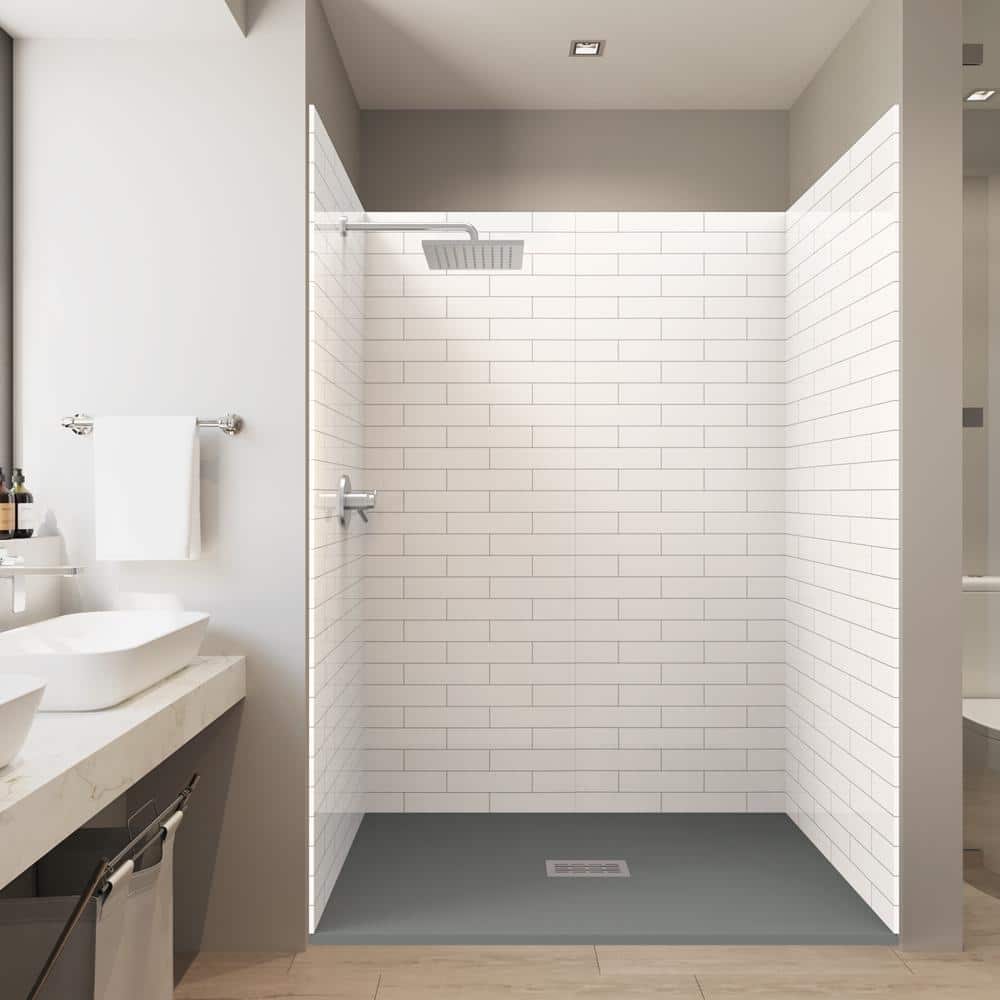 CASTICO Subway 36 in. x 60 in. x 84 in. Solid Composite Stone Alcove ...