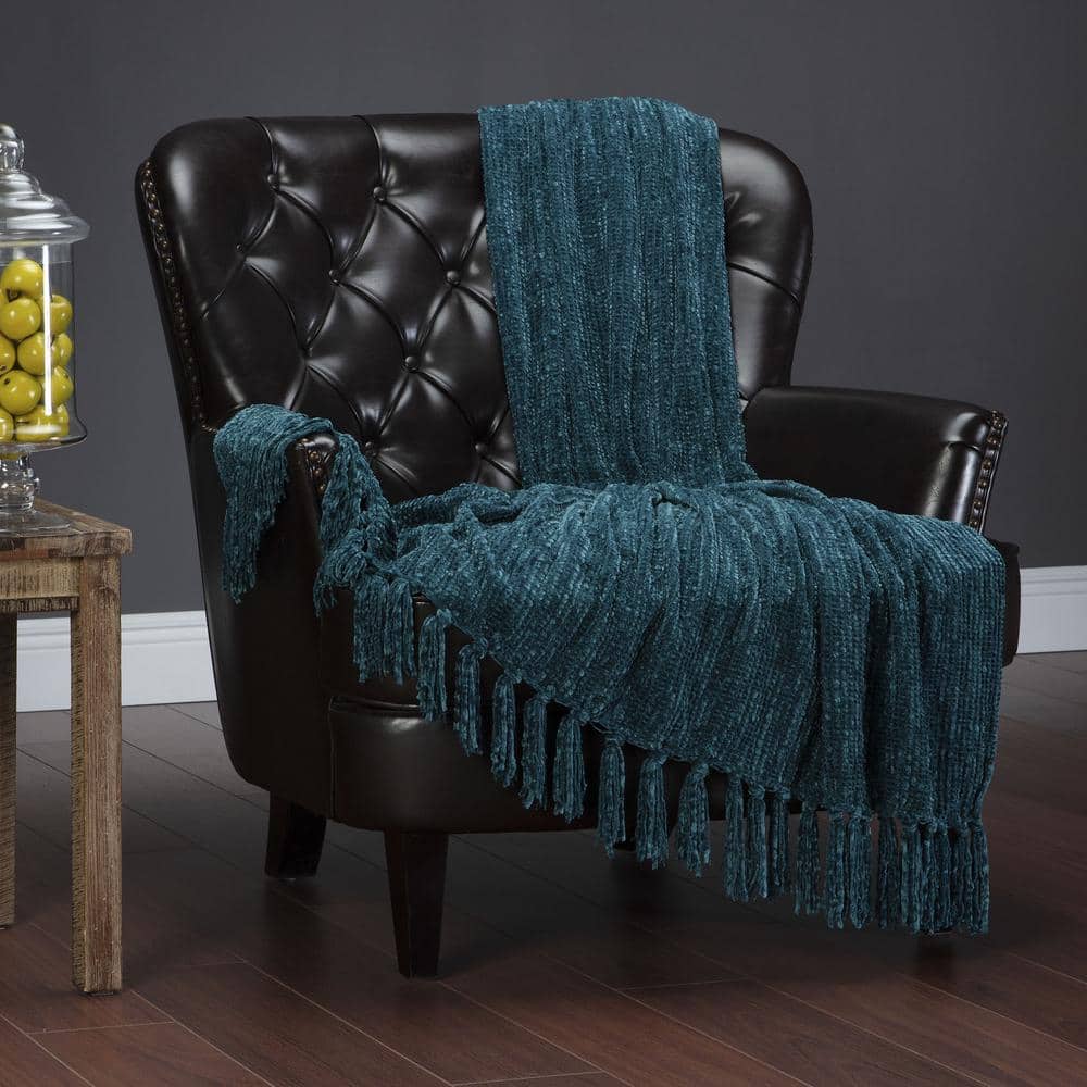 CHANASYA Chenille Teal Knit Lightweight Textured Throw Blanket with ...