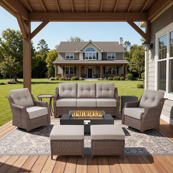 Opohoro Artisan Brown 7-Piece Wicker Outdoor Patio Fire Pit ...