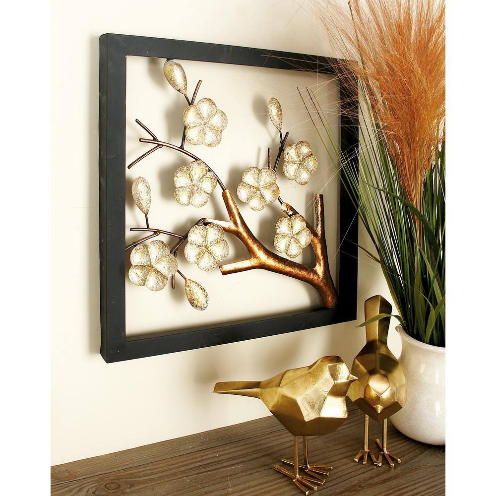 LITTON LANE Iron Square-Framed Cream Floral and Brown Tree Branch Wall ...
