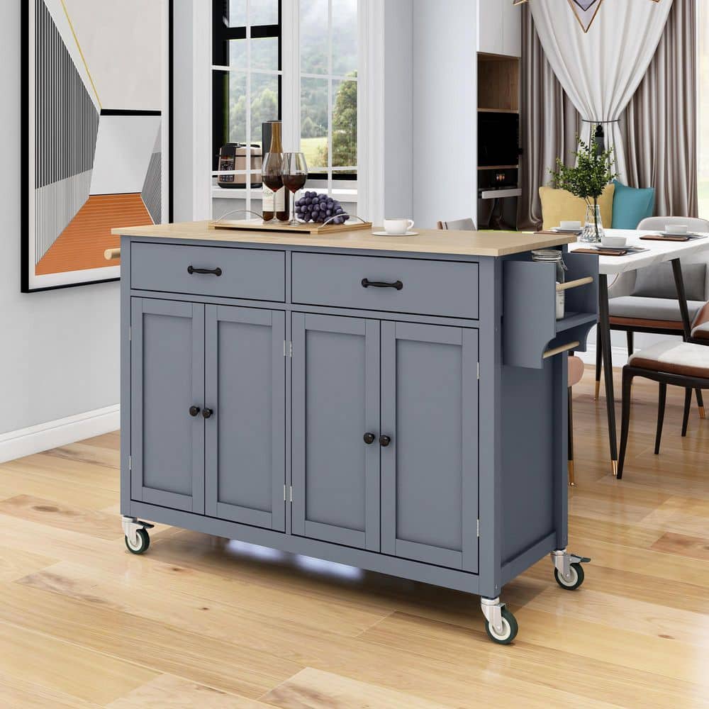 AVAXA Gray Blue Wood 54.33 in. Kitchen Island with Solid Wood Top and 4 ...