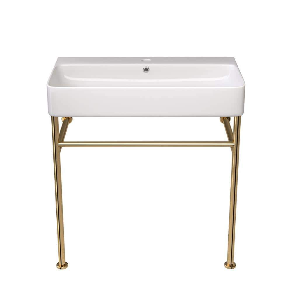 LORDEAR 35 in. Ceramic White Single Console Sink Basin and Legs Combo ...
