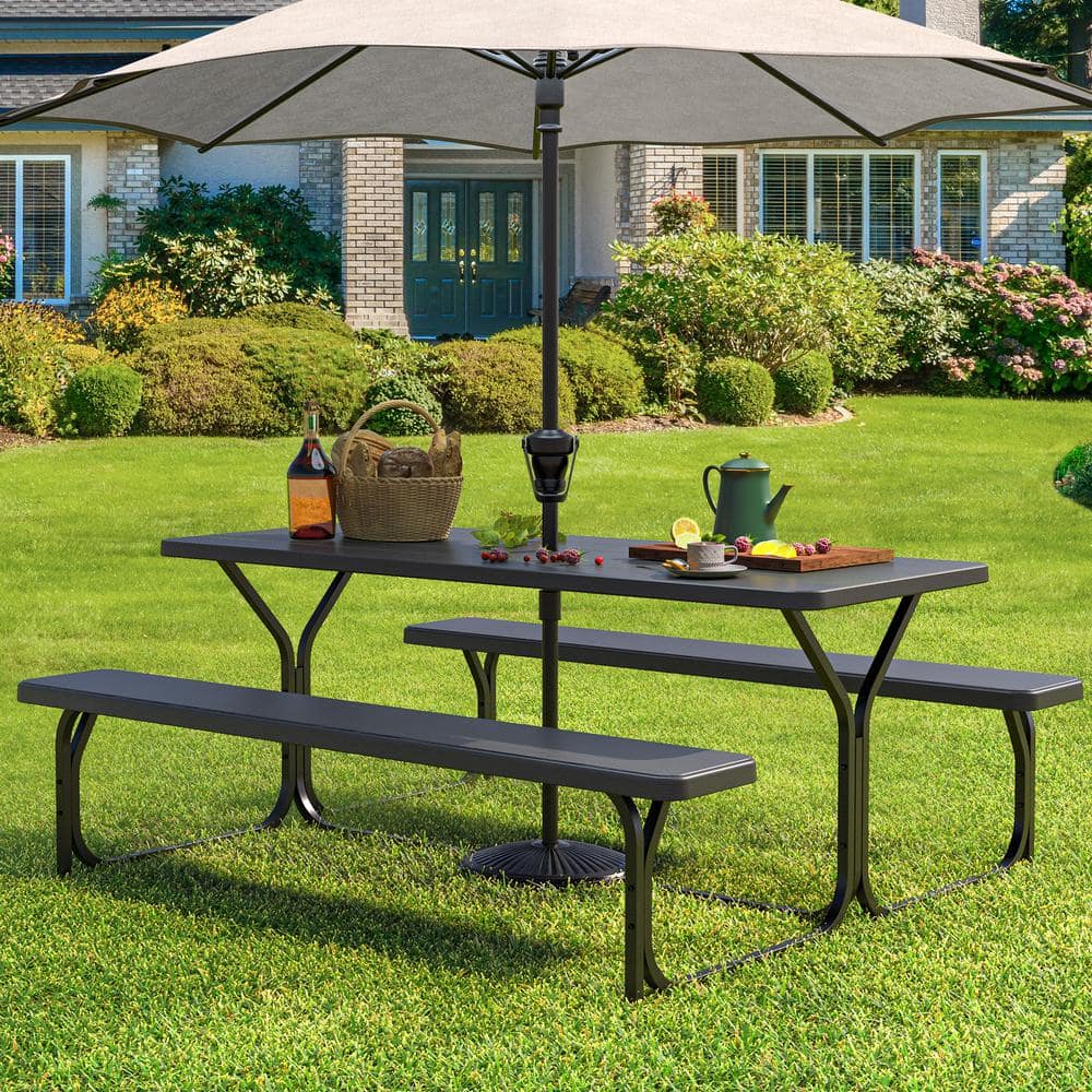 DEXTRUS 6 ft. Black Outdoor Picnic Table Bench Set 64 in. WRectangle ...