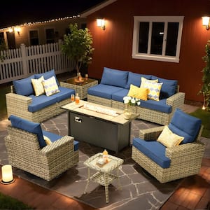 OVIOS Tiberty Gray 10-Piece Wicker Patio 54 in. Rectangle Fire Pit ...