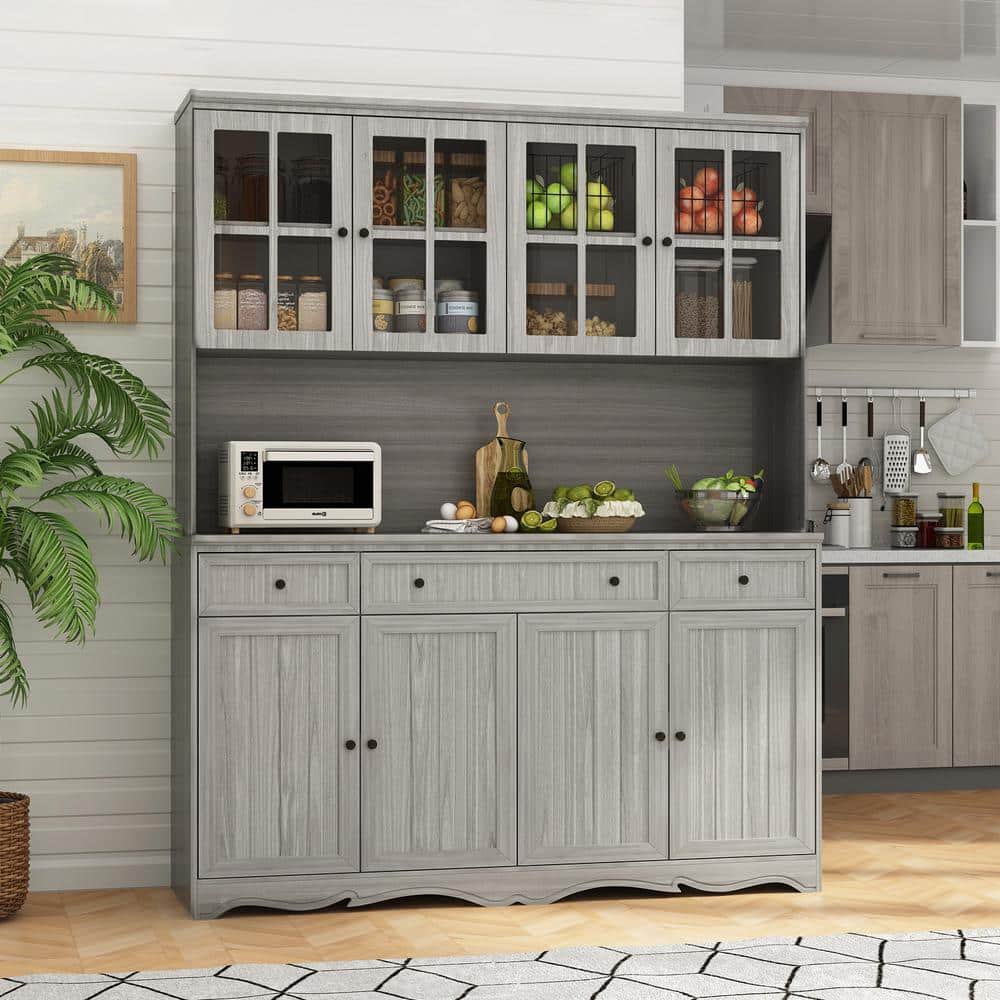 FUFU&GAGA Gray Painted Wood 61.2 in. W Food Pantry Cabinet With Drawers ...